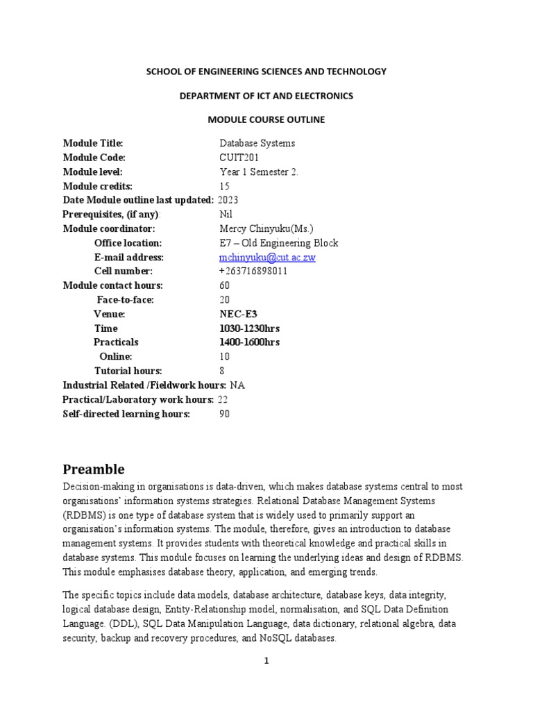 CUIT 201 Course Outline 2023 | PDF | Relational Database | Relational Model