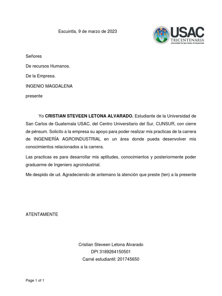 Carta de Solicitud de Practicas | PDF Carta de Solicitud de Practicas | PDF