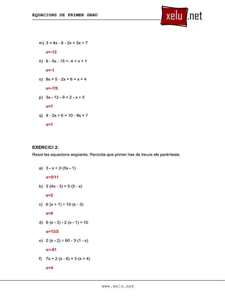 Equacions de Primer Grau Amb Solucions (II) | PDF