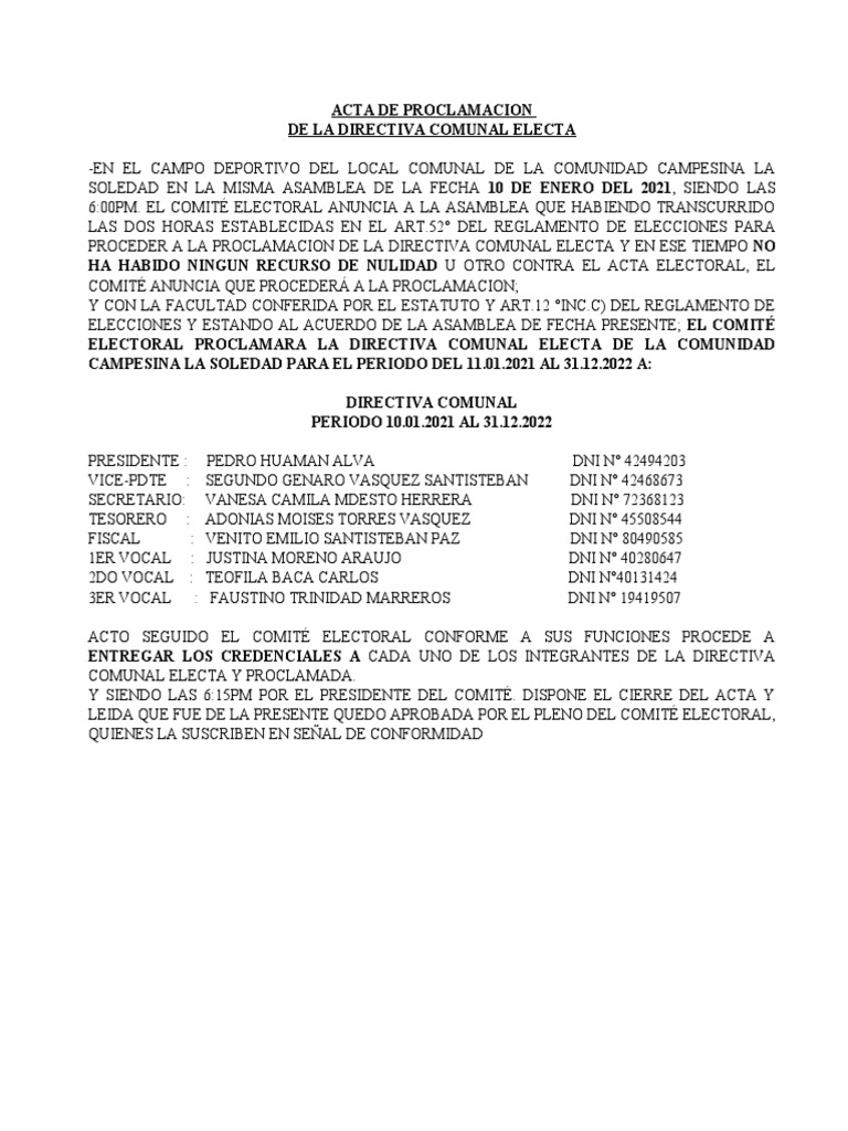 ACTA DE PROCLAMACION | PDF | Votación | Gobernancia