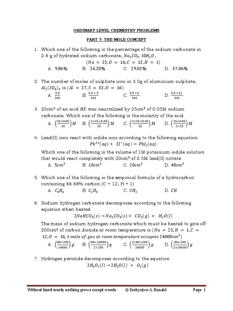 Roni - Mole Concept Problems PDF | PDF | Oxide | Acid
