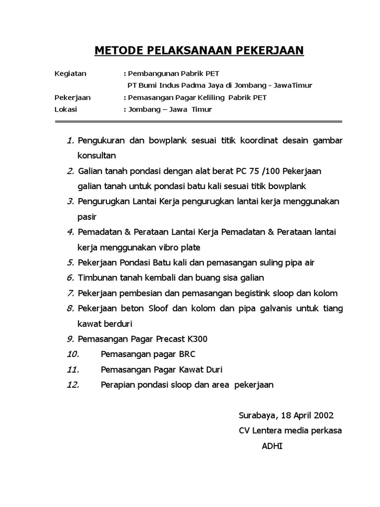 Metode-Pelaksanaan-Pagar PT MAYORA | PDF | Teknologi & Rekayasa