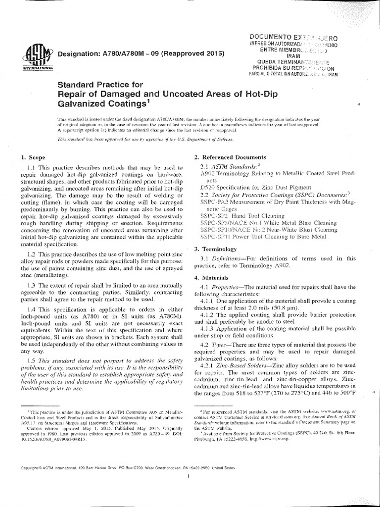 ASTM-A780 A780M-2009-Std Practice For Repair of Damaged and Uncoated Areas of Hot Dip Galvanized ...