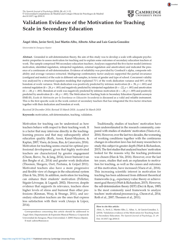 Validation Evidence of The Motivation For Teaching Scale in Secondary Education | PDF ...