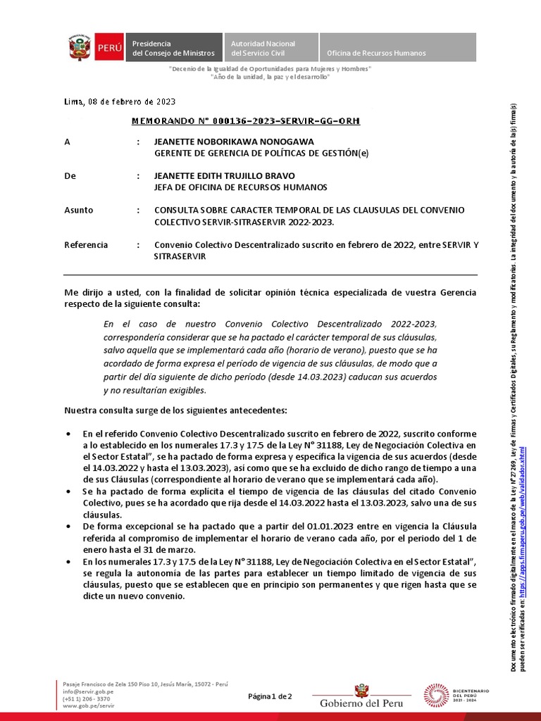 Memorando 000136 2023 Servir Gg Orh Consulta Políticas Pdf