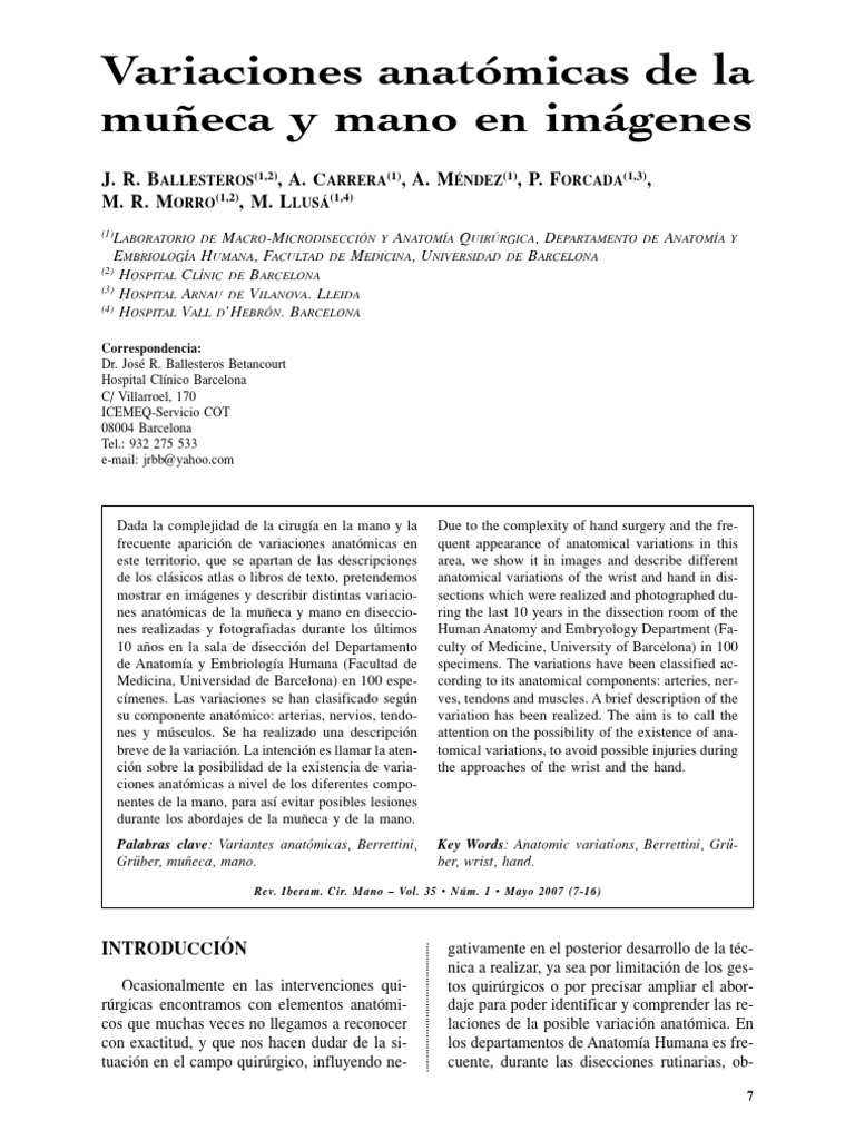 Variaciones anatómicas de la muñeca y mano: una descripción e imágenes de casos encontrados en ...