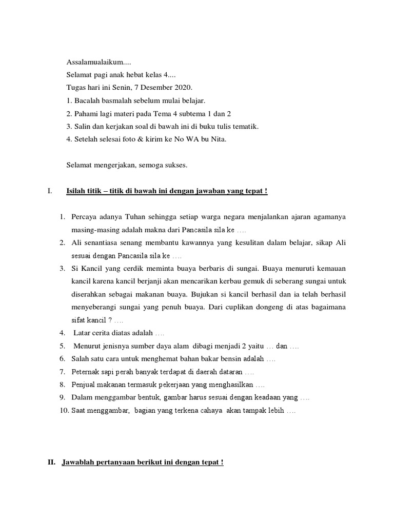 Tugas Tematik Kelas 4 | PDF