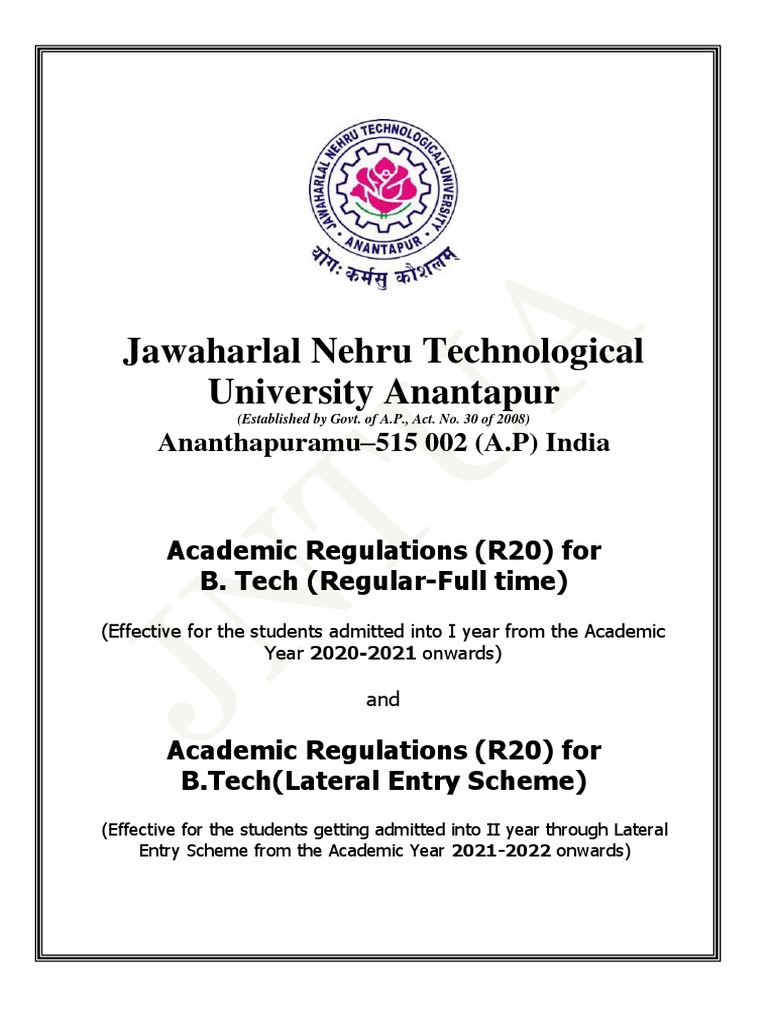 JNTUA B.Tech - R20 Academic Regulations Final | PDF | Academic Degree | Course Credit