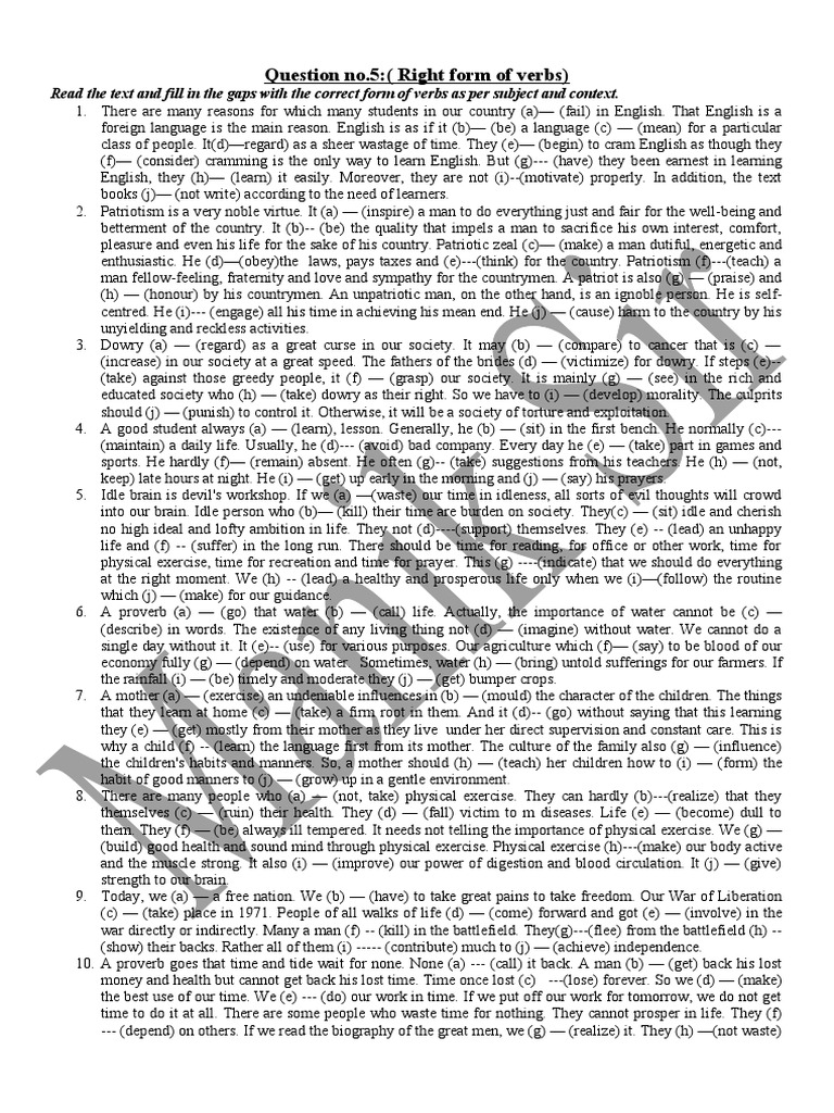 Question 5 (Right Form of Verbs) | PDF