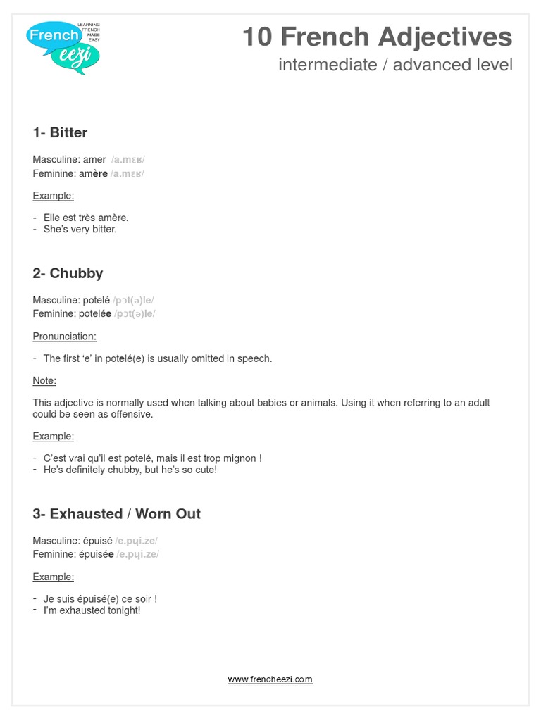 10 Intermediate Advanced French Adjectives 100 Most Common Adjectives ...