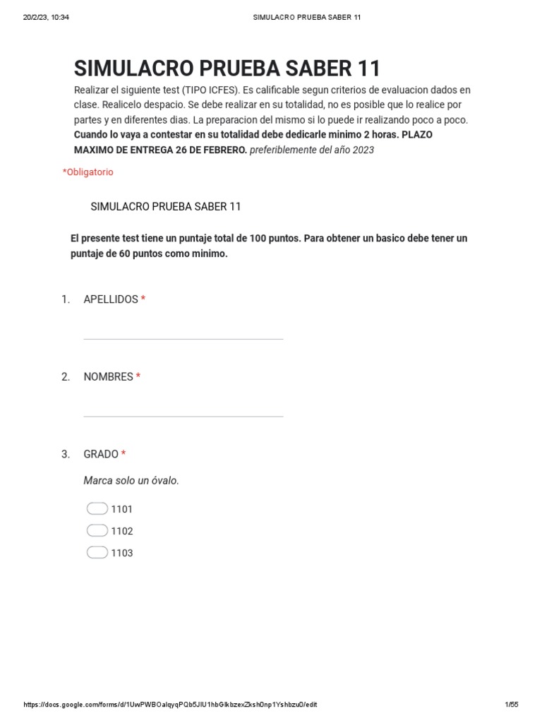 (1Pf11 2023) ACTIVIDAD 1 SIMULACRO PRUEBA SABER 11 - Formularios de Google PDF | PDF ...