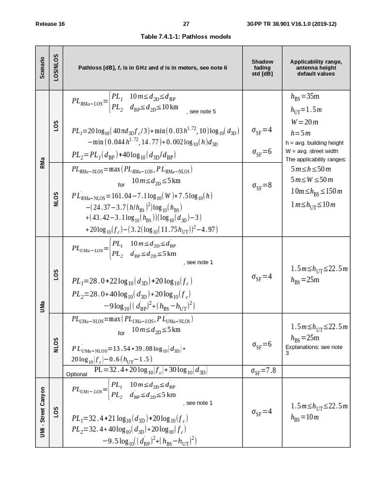 3GPP - TR38901 - Table 7.4.1-1 - Pathloss-Models | PDF | Hertz | Physical Quantities