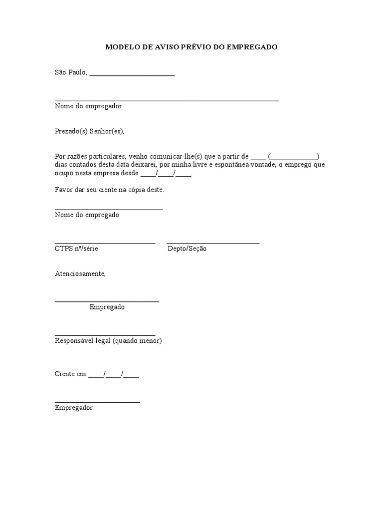 Aviso Prévio De Demissão Voluntária Pdf