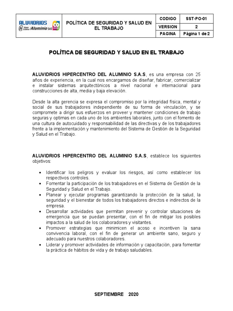 Política de Seguridad y Salud en El Trabajo | PDF | Seguridad y salud ocupacional | Valores