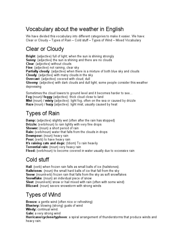 Vocabulary About The Weather in English | PDF