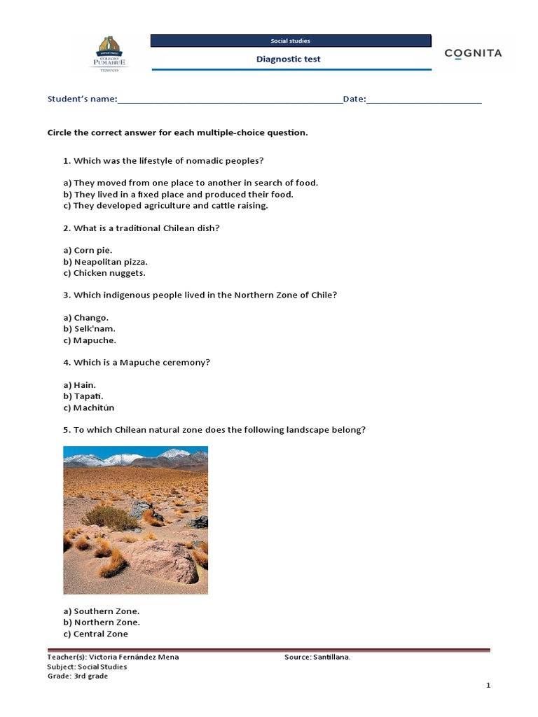 Social Studies Diagnostic Test for 3rd Graders | PDF | Chile
