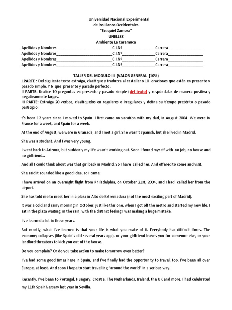 Texto Con Presente, Pasado, Simple y Pasado y Presente Pefecto | PDF