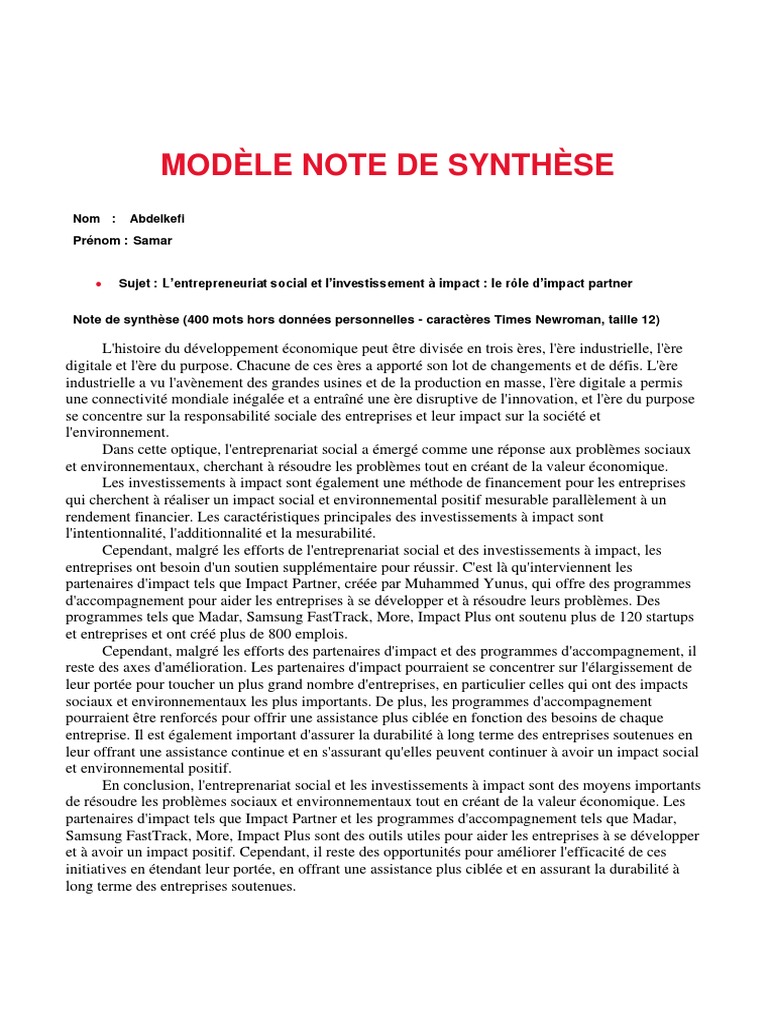 Modele Note Synthese ( | Download Free PDF | Entrepreneuriat ...