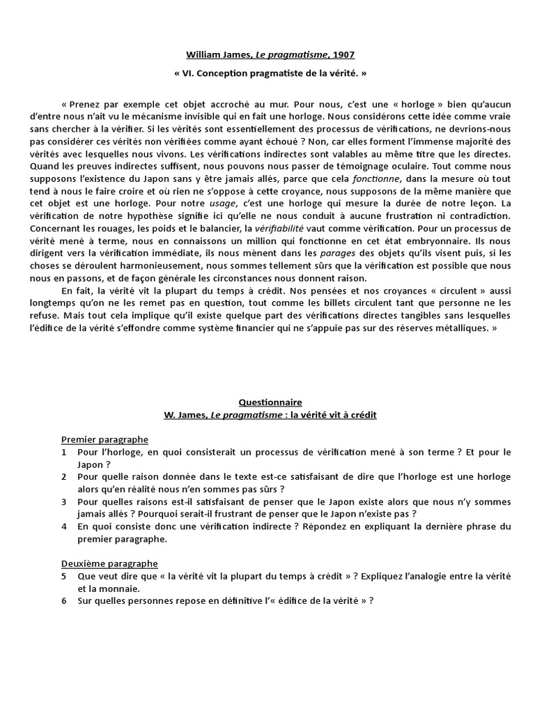 Texte+James+et+questionnaire Odt | PDF | Vérité | Pragmatisme