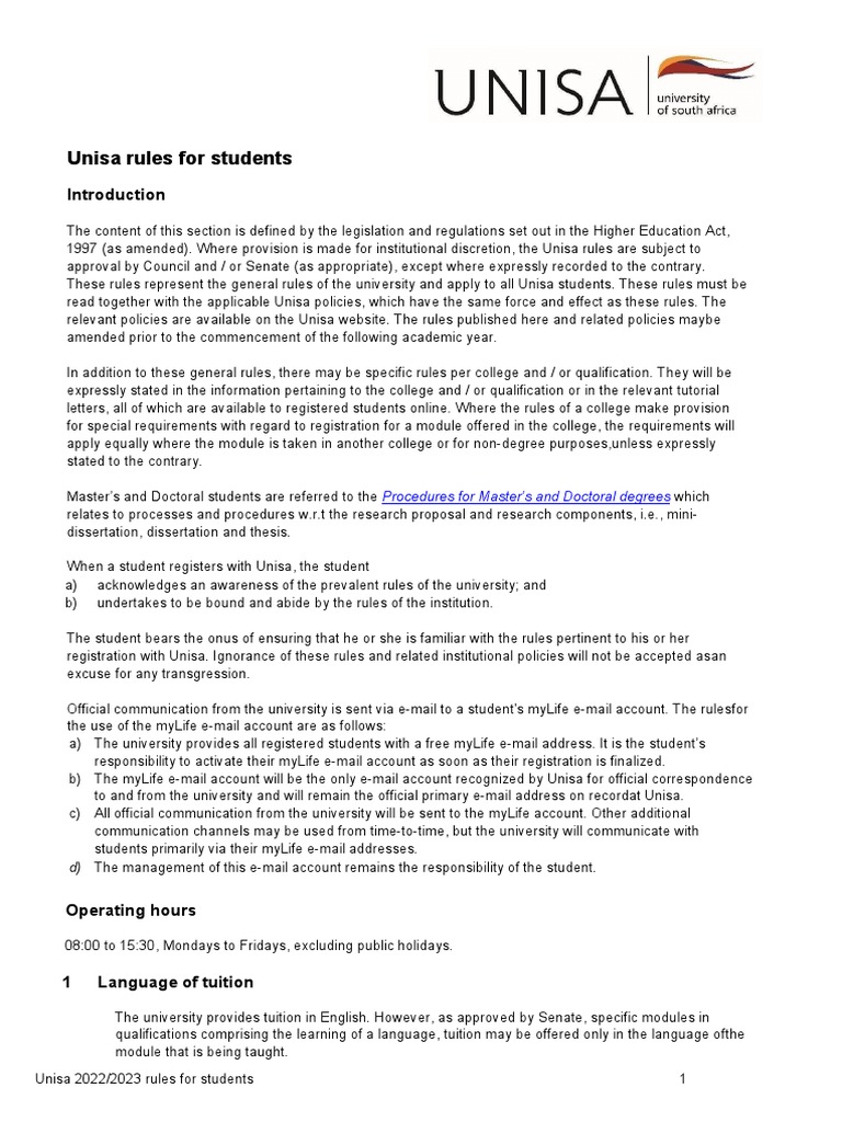 Unisa 2022-2023 Rules For Students | PDF | University And College ...