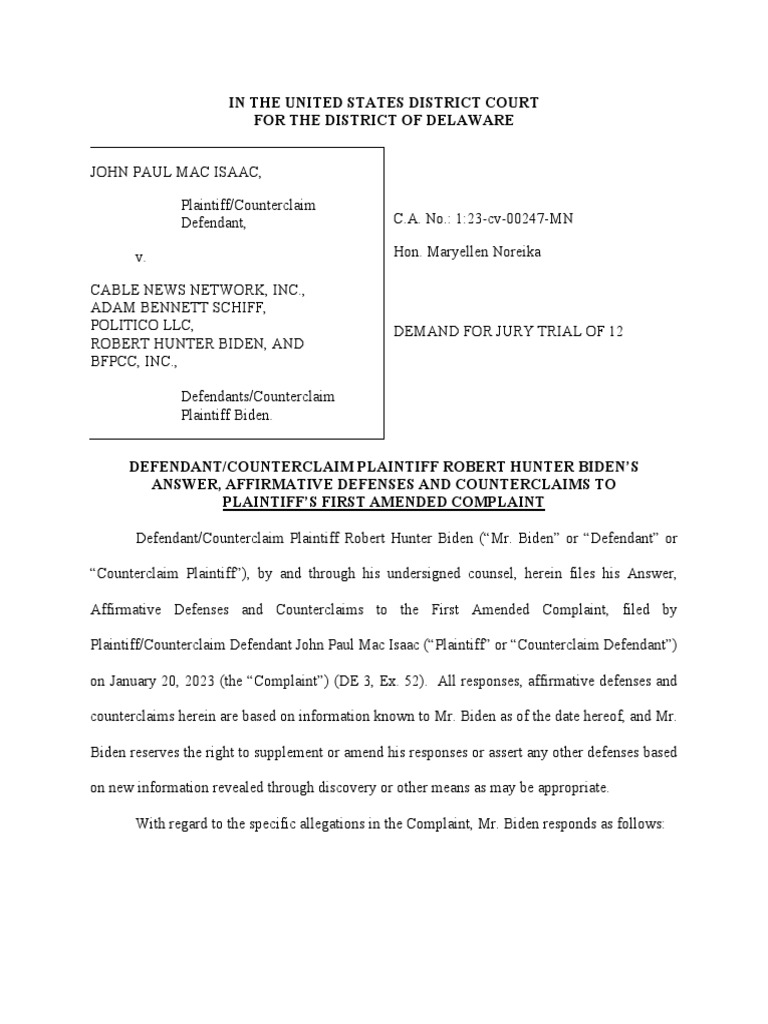 H. Biden Answer, Affirmative Defenses and Counterclaims To Plaintiff ...