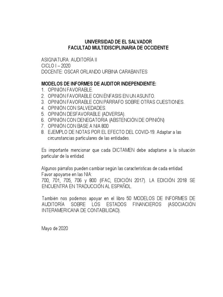1-. Modelos de Informe Del Auditor Independiente 2019 | PDF | Preocupación continua | Auditoría