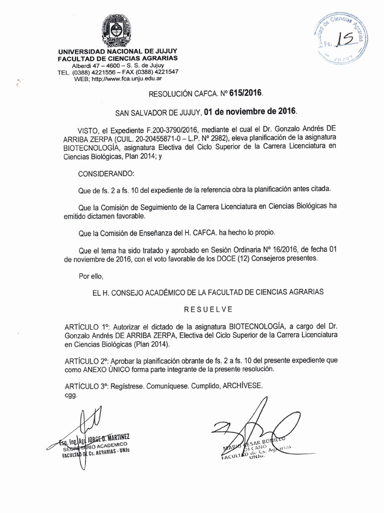 Resolución CAFCA N 615-2016-BIOTECNOLOGIA | PDF