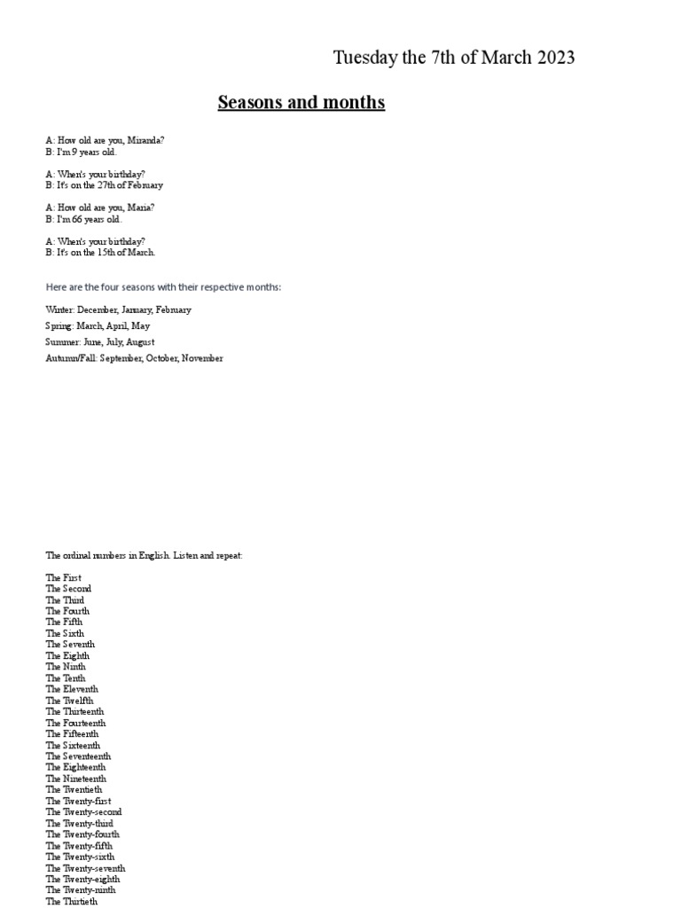 Seasons Months Ordinal Numbers MP3 | PDF | Foreign Language Studies