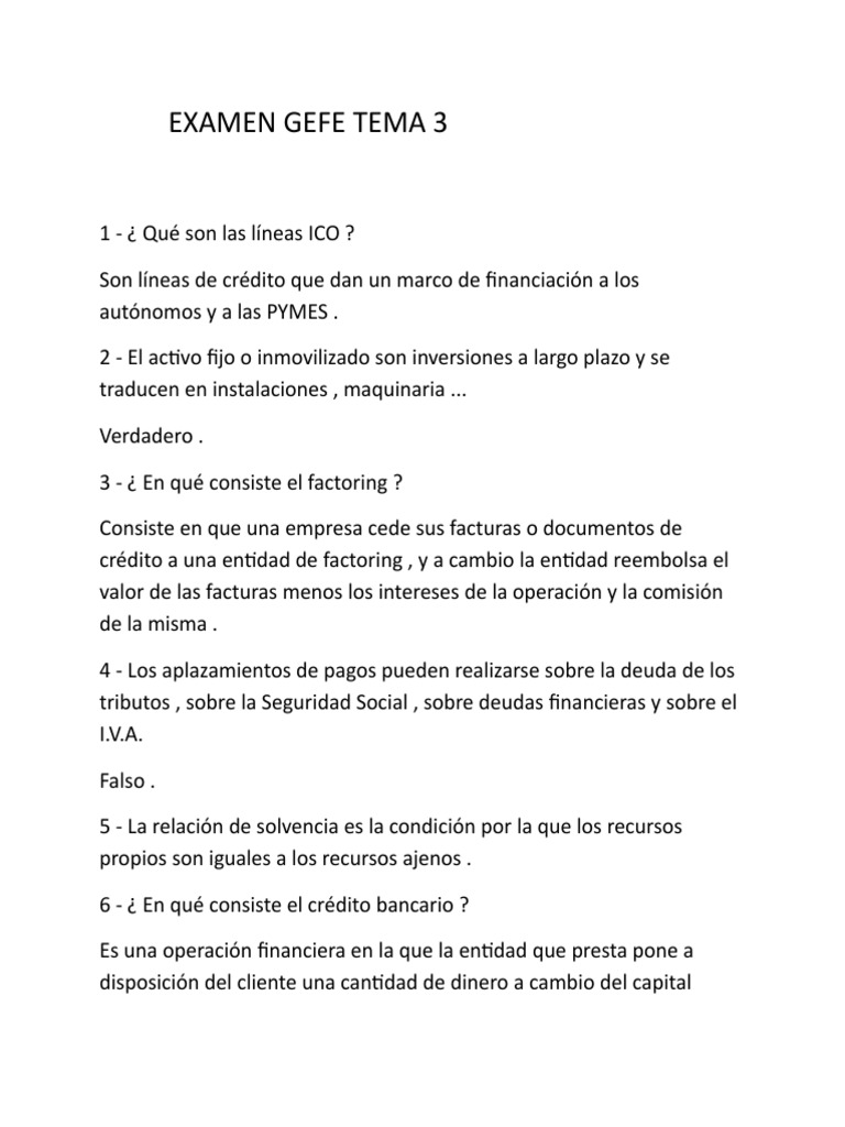 Examen Gefe Tema 3 | PDF | Crédito | Finanzas y administración del dinero