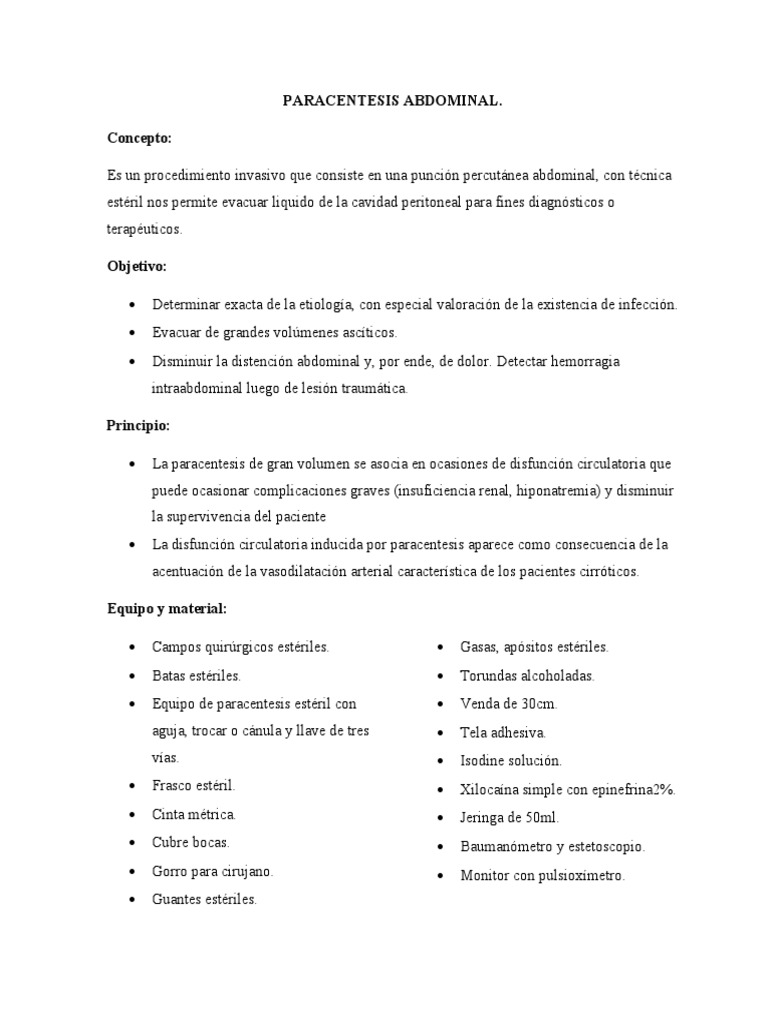 Procedimiento Paracentesis | PDF | Especialidades Medicas ...