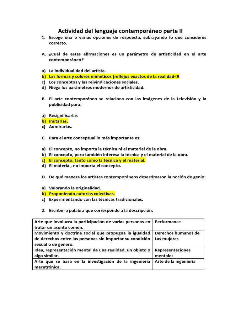Actividad sobre lenguaje contemporáneo | PDF | Arte de performance ...