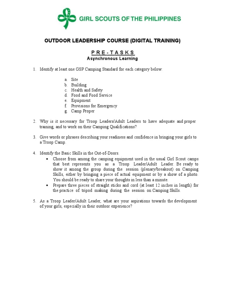PRE TASKS Outdoor Leadership Course Digital Training National Level ...
