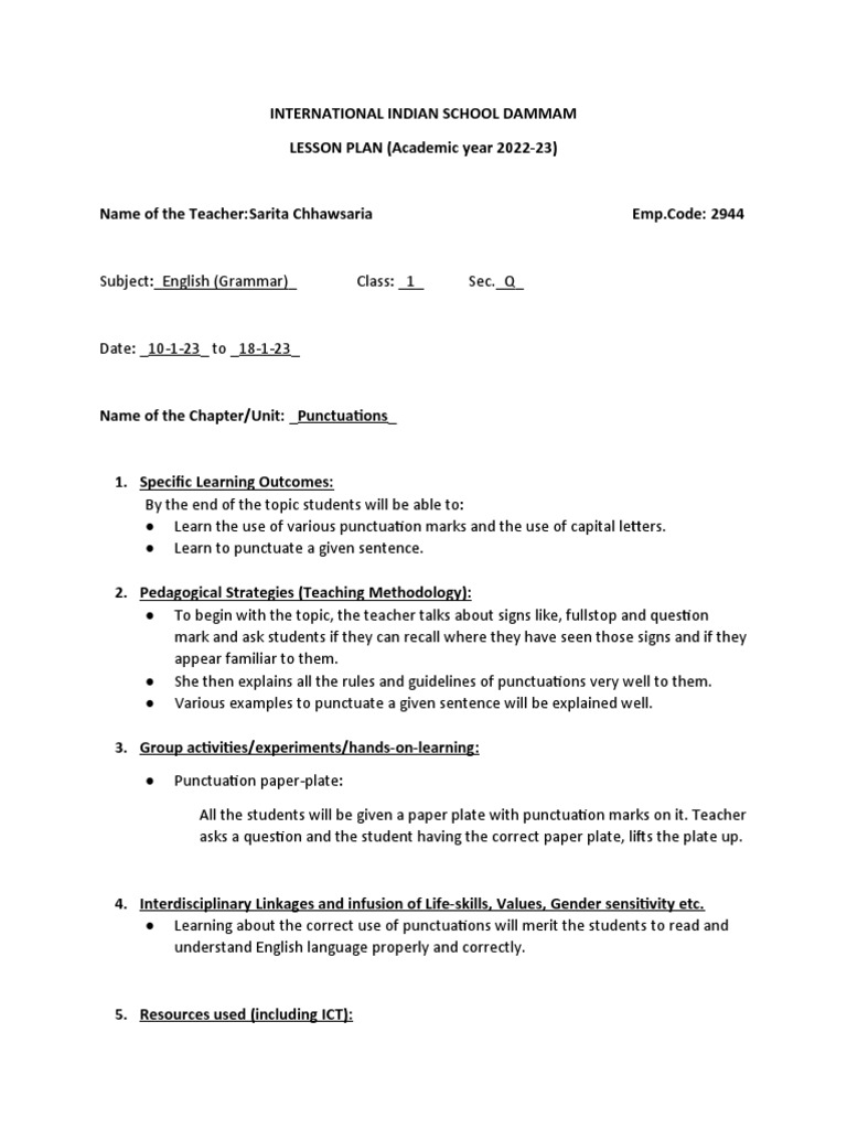 Grade 1 Punctuation Lesson Plan | PDF | Learning | Teachers