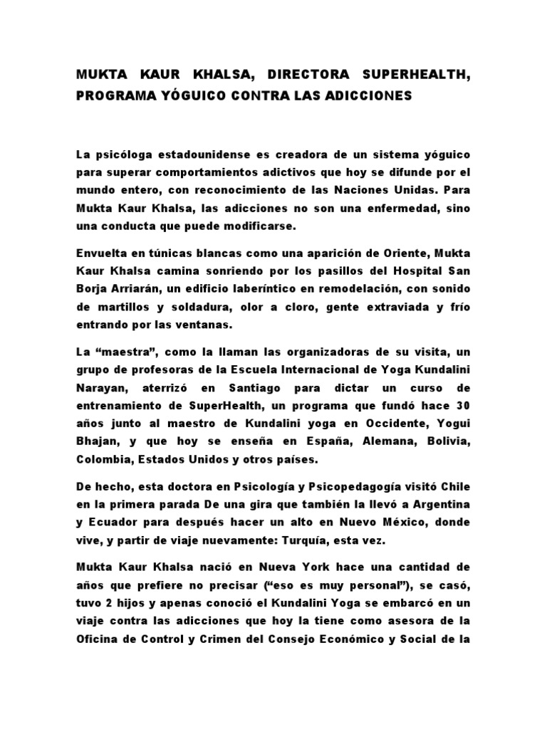 Mukta Kaur Khalsa, Directora Superhealth, Programa Yóguico Contra Las Adicciones | PDF | Yoga ...