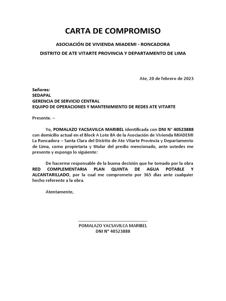 CARTA DE COMPROMISO | PDF