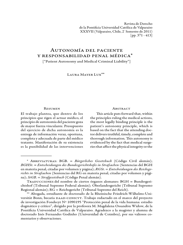 Autonomia Del Paciente y Responsabilidad Penal Medica | PDF | Derecho ...