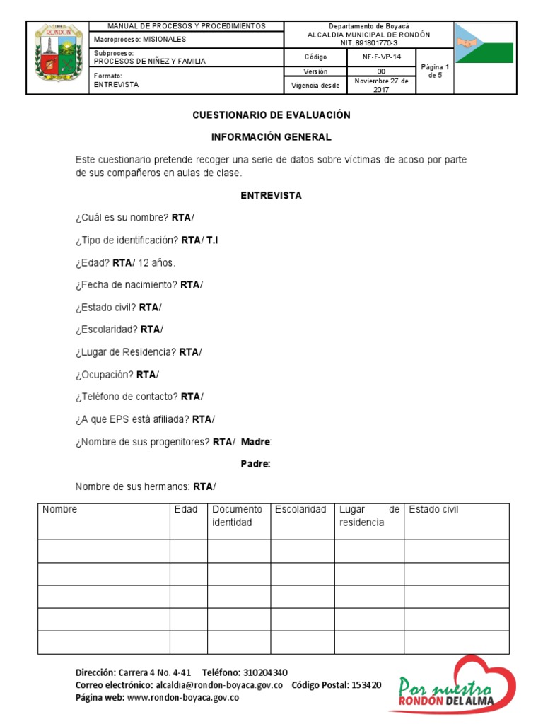 Cuestionario de Entrevista Codigos Verdes | PDF