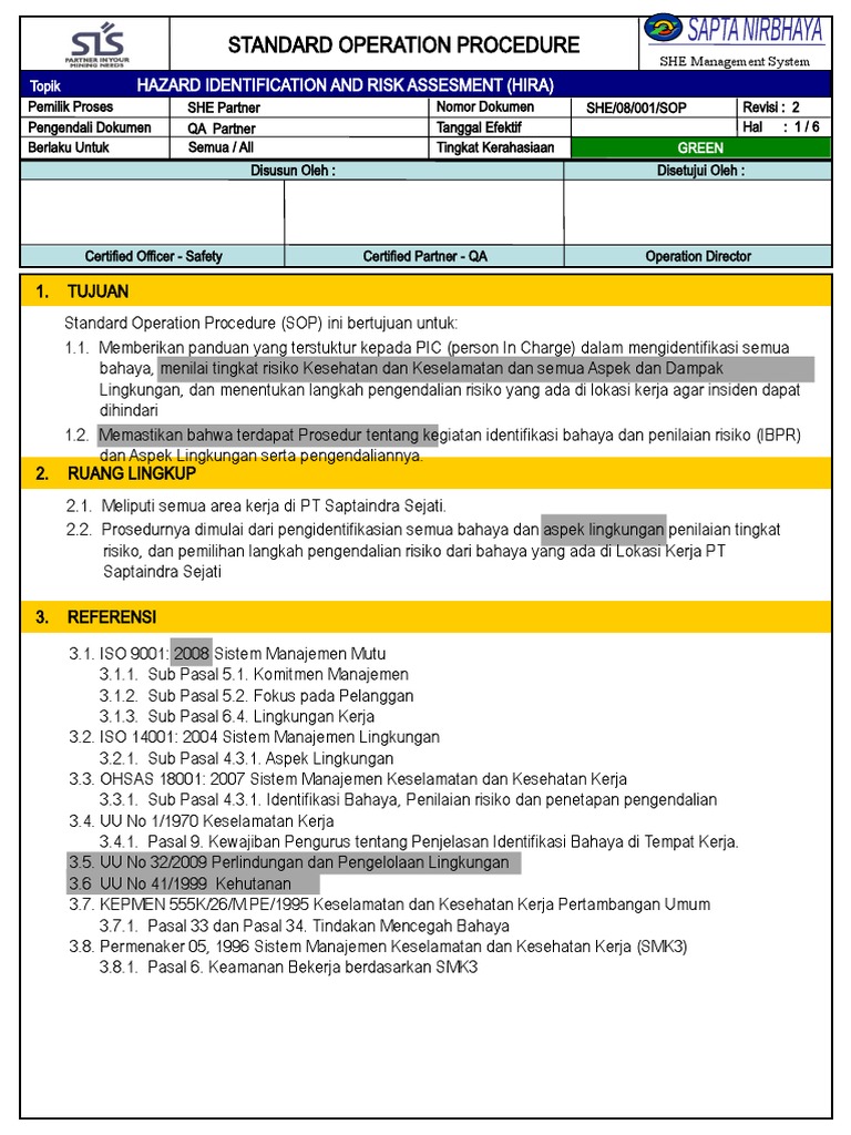 SHE 08 001 R2 SOP Hazard Identification and Risk Assesment (HIRA) | PDF