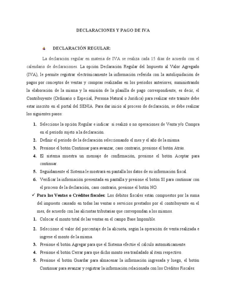 Procedimiento completo para la declaración y pago del IVA en Venezuela | PDF | Impuesto al valor ...