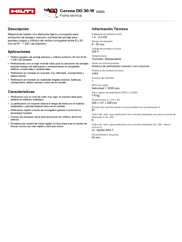 Taladro Diamantina Hilti DD 30-W | PDF | Perforación | Perforar