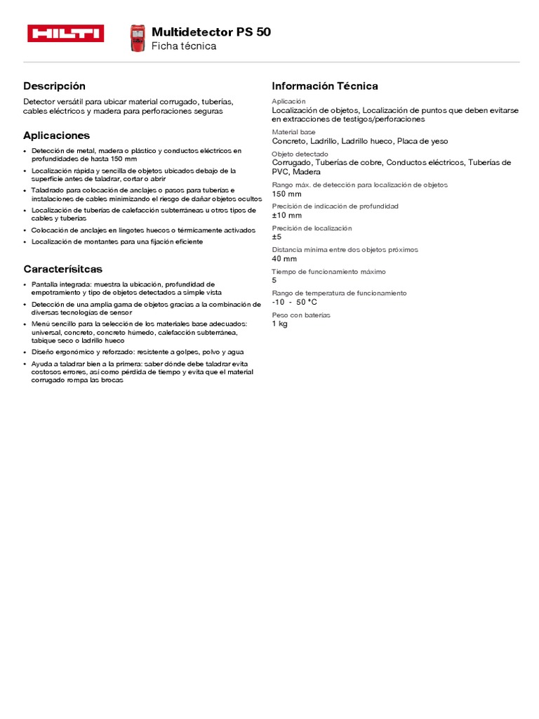 Ficha Técnica Multidetector PS 50 | PDF | Hormigón | Cobre
