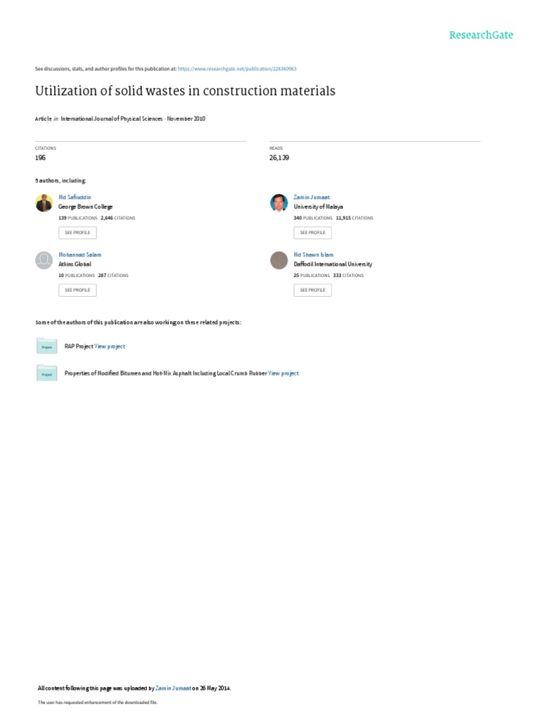 Utilization of Solid Wastes in Construction Materials: International ...