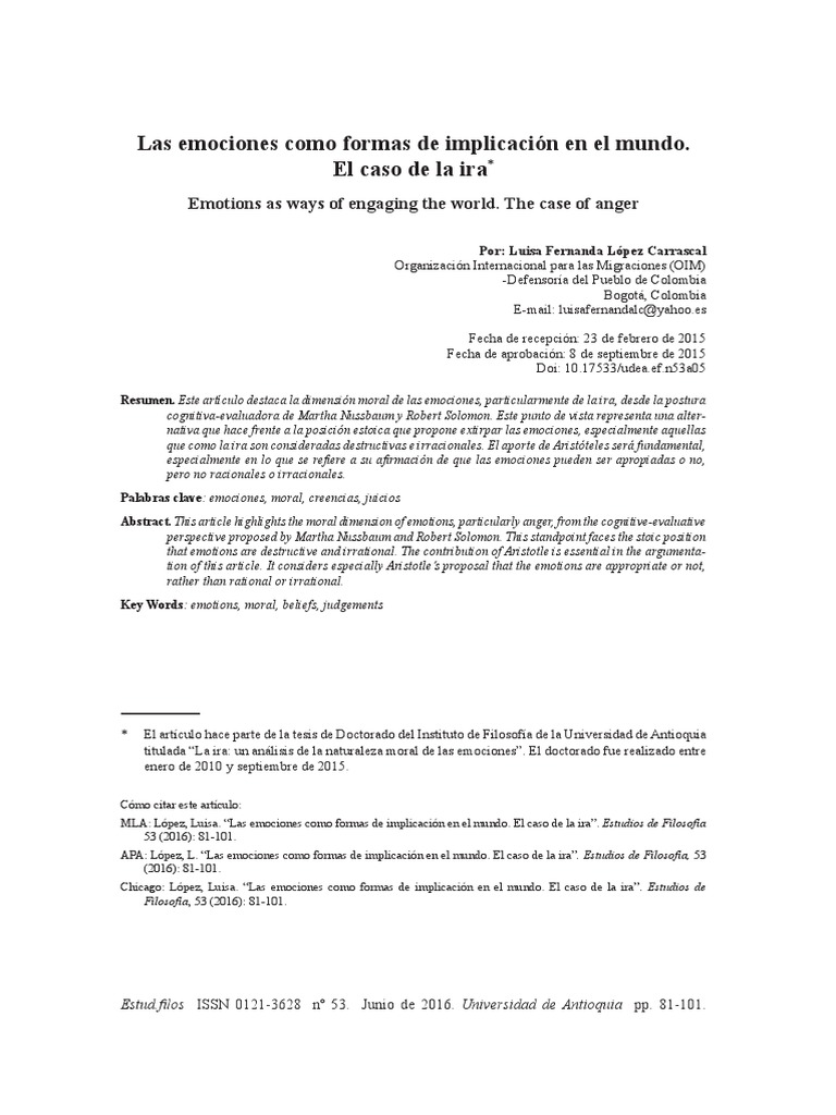 Las Emociones Como Formas de Implicación en El Mundo. El Caso de La Ira | PDF | Las emociones | Ira