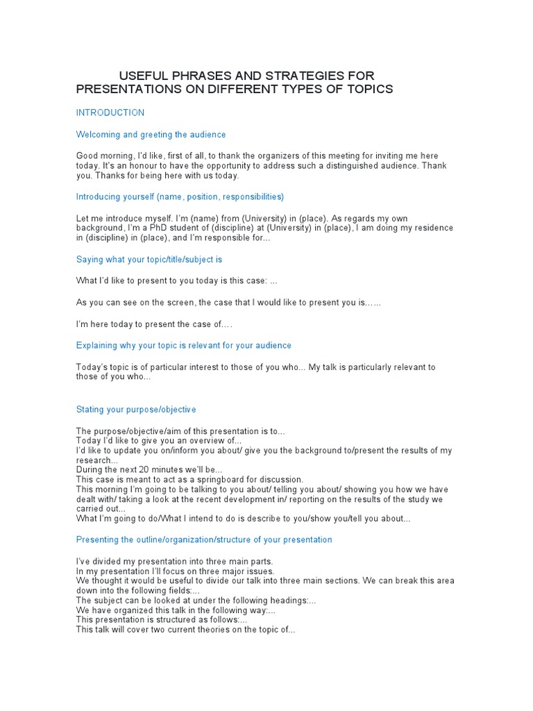Presentation Strategies and Phrases | PDF | Chart | Question