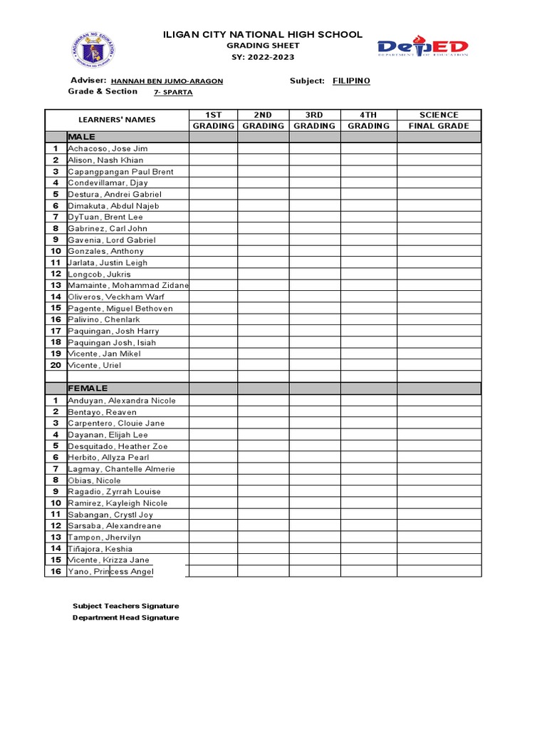 Grading Sheet Blank | PDF