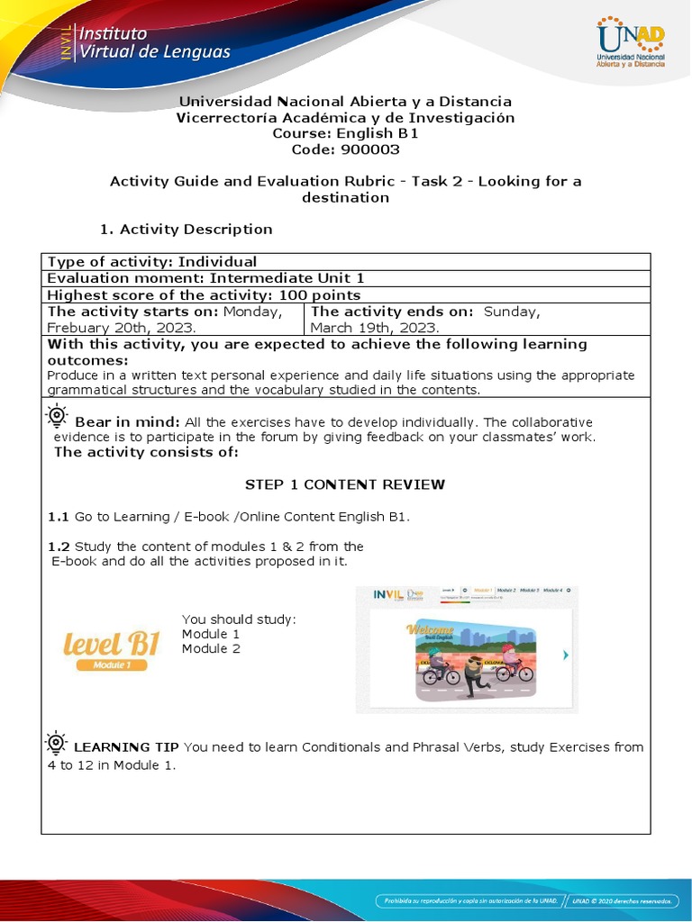 Activities Guide and Evaluation Rubric - Unit 1 - Task 2 - Looking For A Destination | PDF ...
