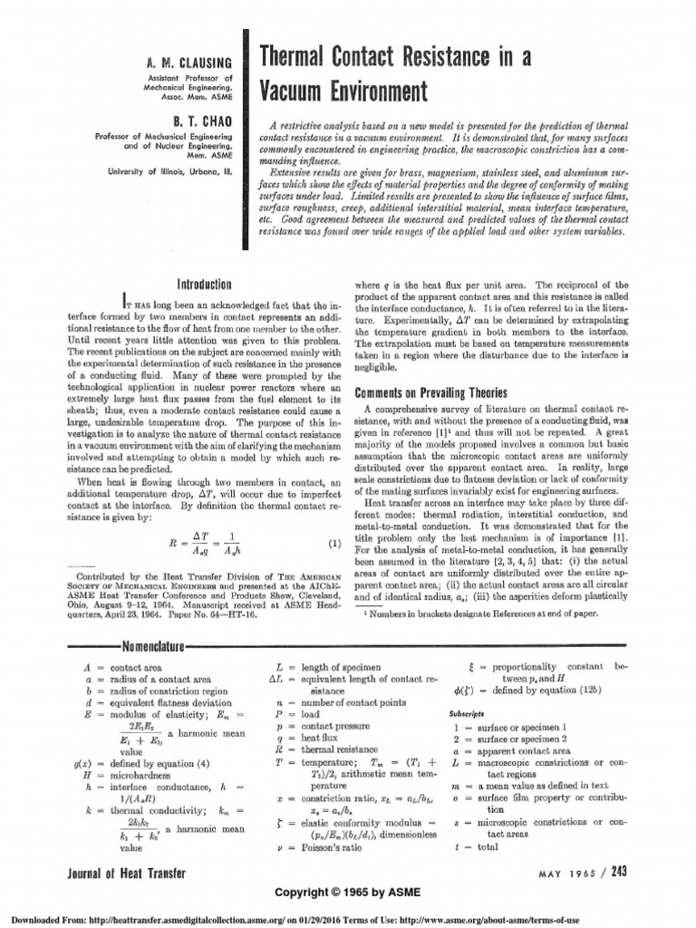 Thermal Contact Resistance in A Vacuum Environment. Journal of Heat ...