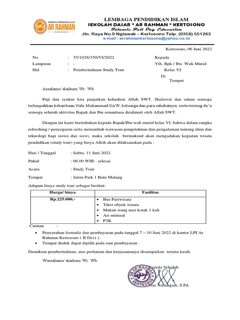 Surat Study Tour - Batu 22 | PDF