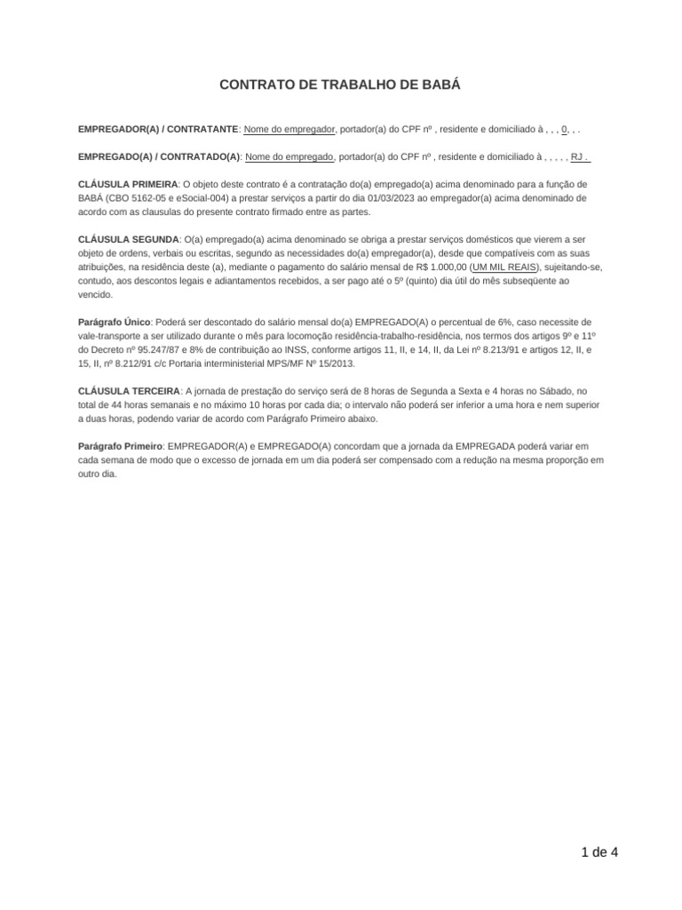 Modelo Contrato De Trabalho De Babá Pdf Trabalho Direito Privado