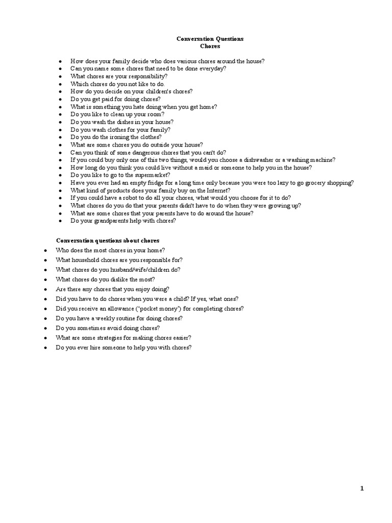 Household Chores Conversation Questions | PDF